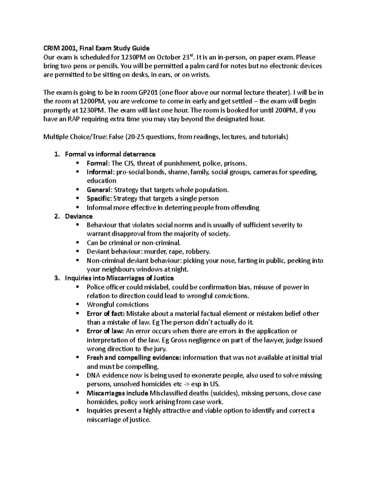 CRIM 2001 Study Guide - CRIM 2001, Final Exam Study Guide Our exam is ...