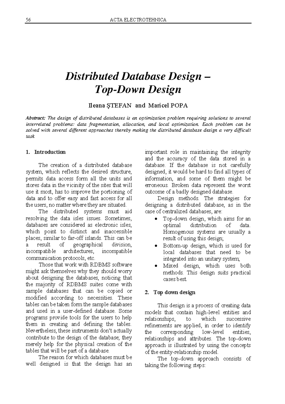 Top Down Design 56 Acta Electrotehnica Distributed Database Design Top Down Design Ileana 