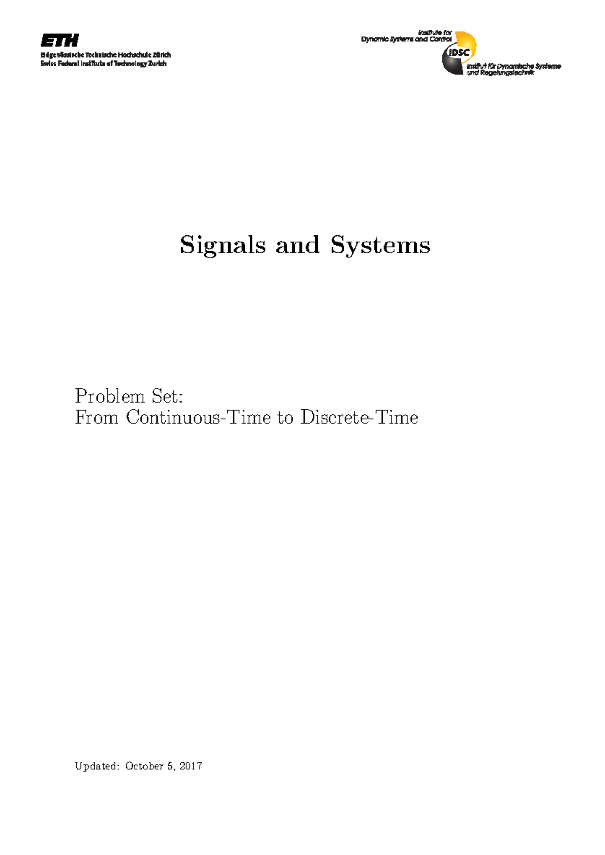 N Problem Set 2 - Signals and Systems Problem Set: From Continuous-Time ...