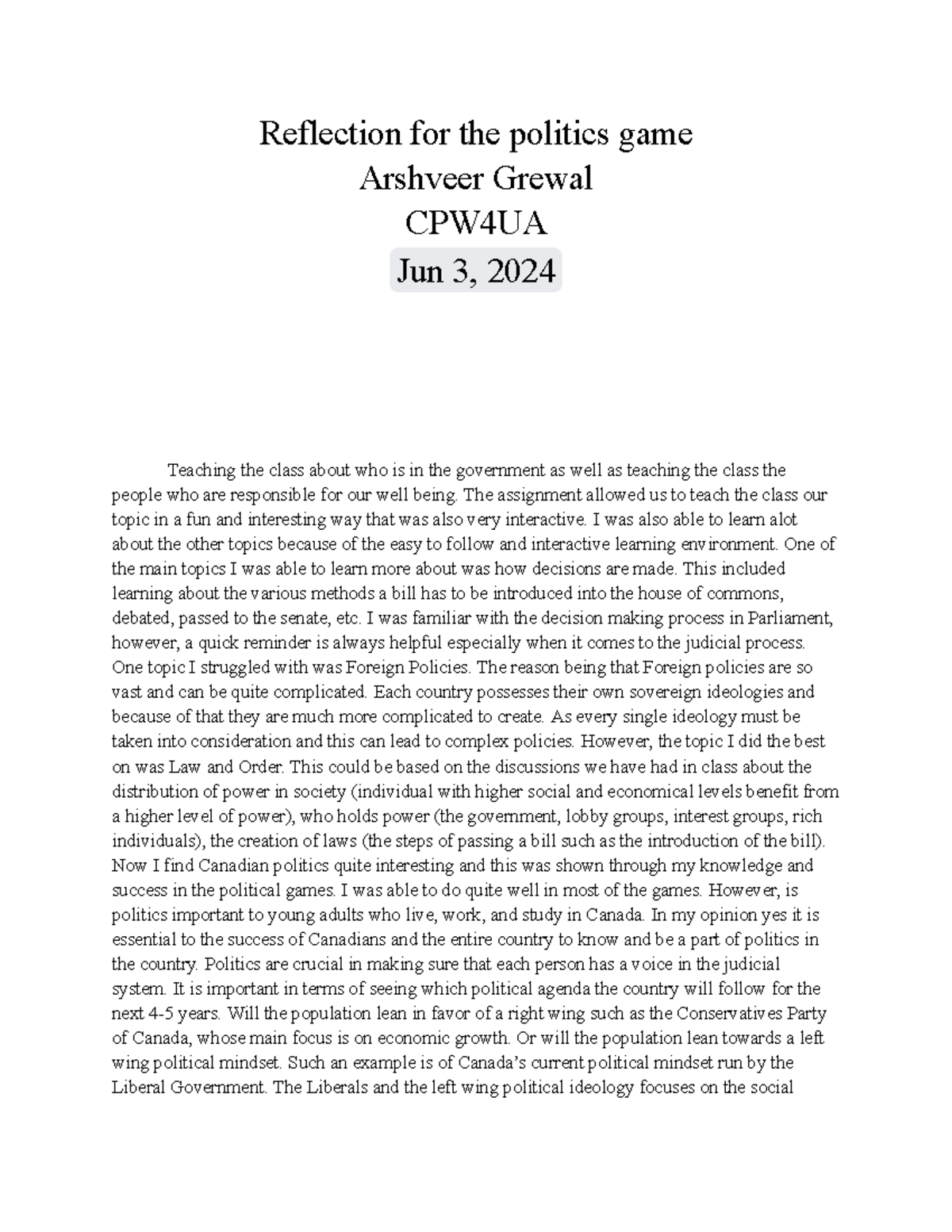 Reflection for the politics game - Google Docs - Reflection for the ...