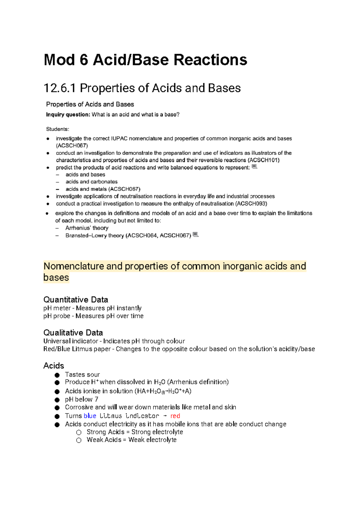 Chemistry Module 6 - Mod 6 Acid/Base Reactions 12.6 Properties of Acids ...