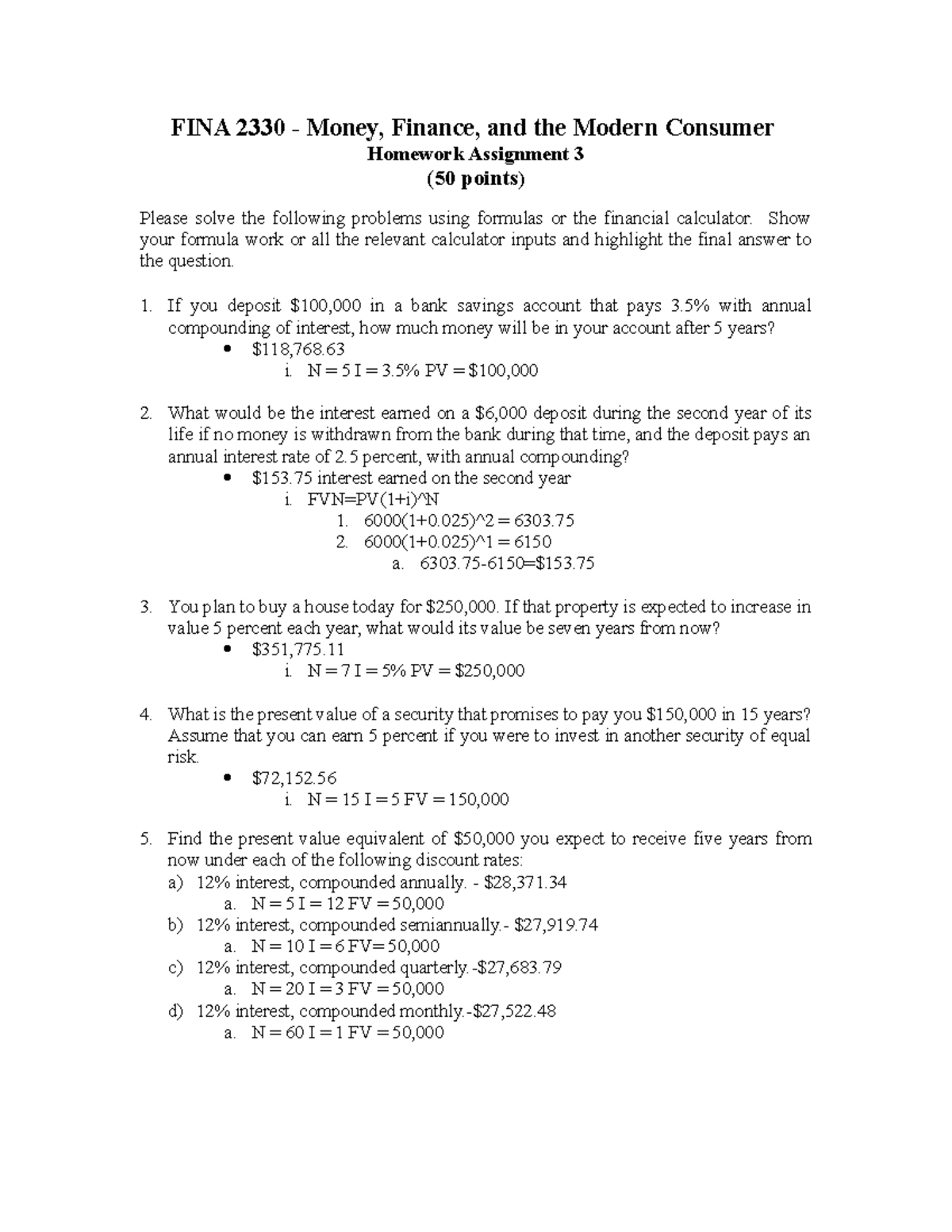 FINA Homework 3 - FINA 2330 - Money, Finance, and the Modern Consumer ...