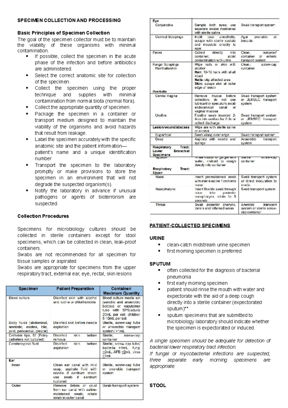 BACTE - Specimen Collection - SPECIMEN COLLECTION AND PROCESSING Basic ...