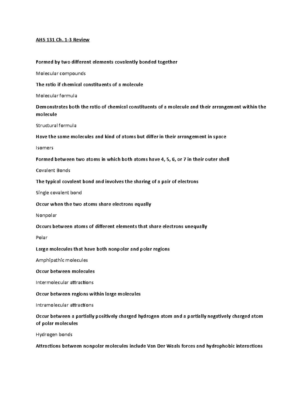 AHS 131 Chap 1,2,3 con - Notes/Review - AHS 131 Ch. 1-3 Review Formed ...