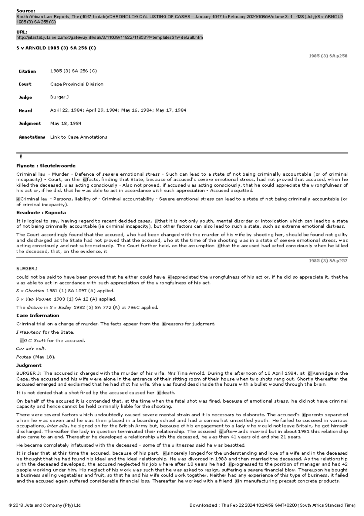 S v Arnold 1985 (3) SA 256 (C) - Source: South African Law Reports, The ...