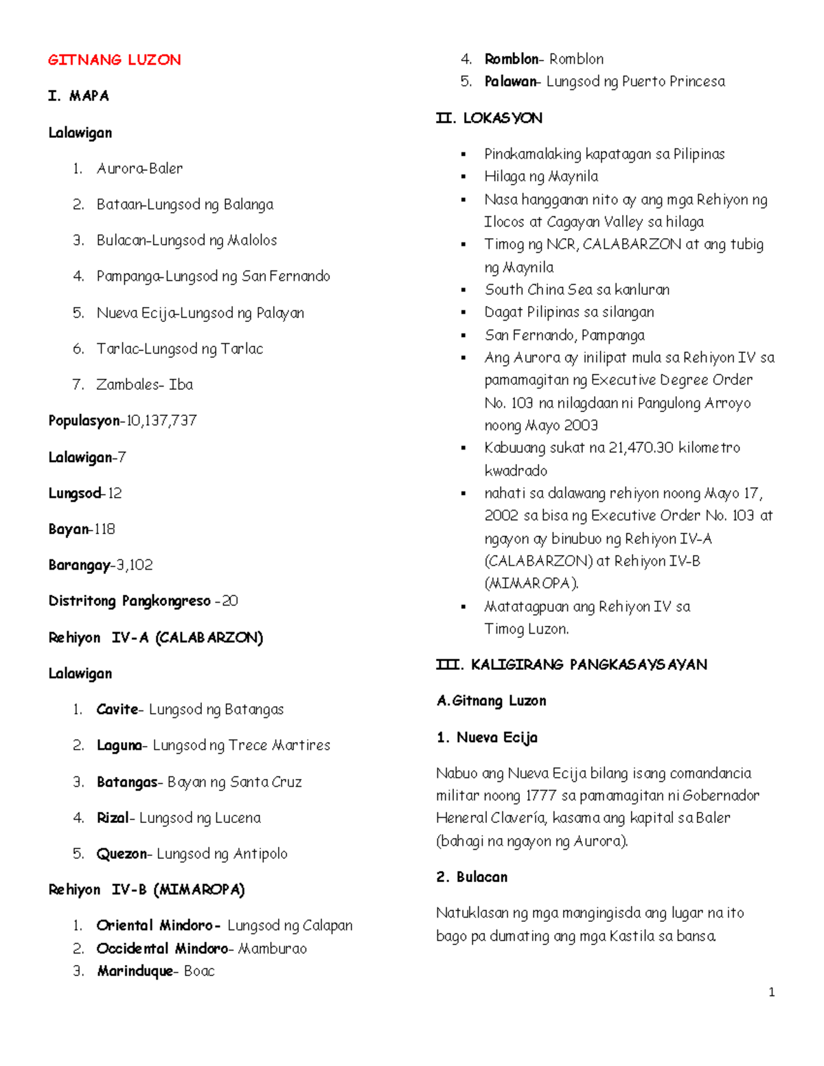 Central Luzon Reviewer - GITNANG LUZON I. MAPA Lalawigan Aurora-Baler ...