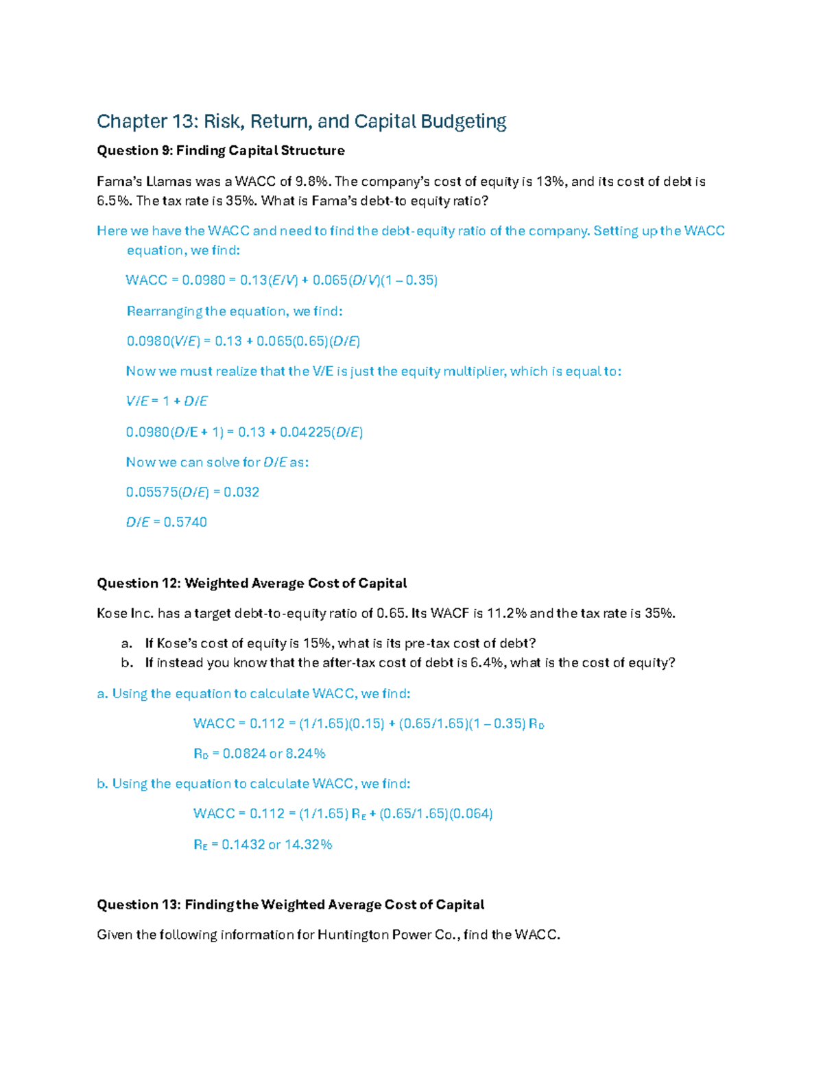 Chapter 13 Probs - textbook problems - Chapter 13: Risk, Return, and Capital Budgeting Question ...