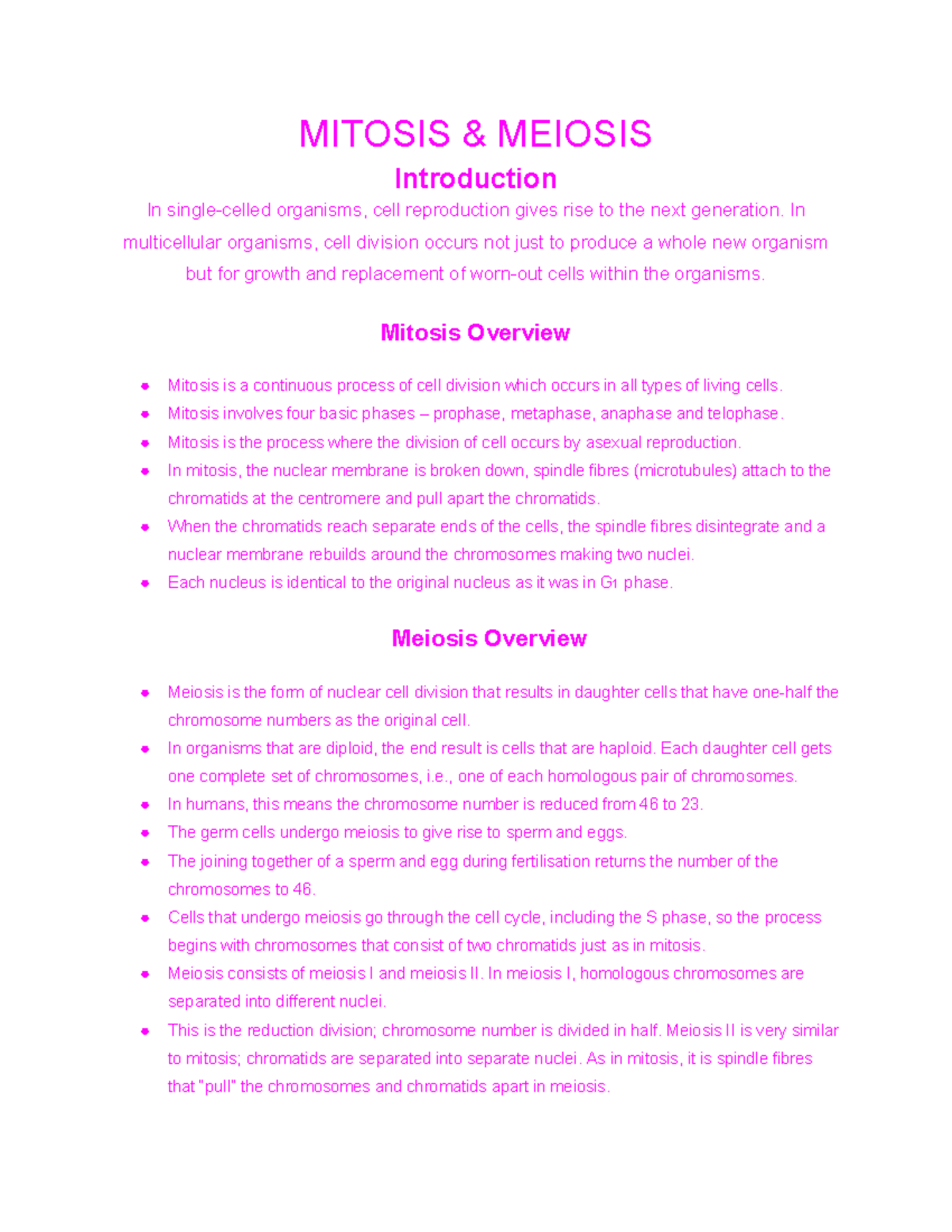 Mitosis & Meiosis - MITOSIS & MEIOSIS Introduction In single-celled ...