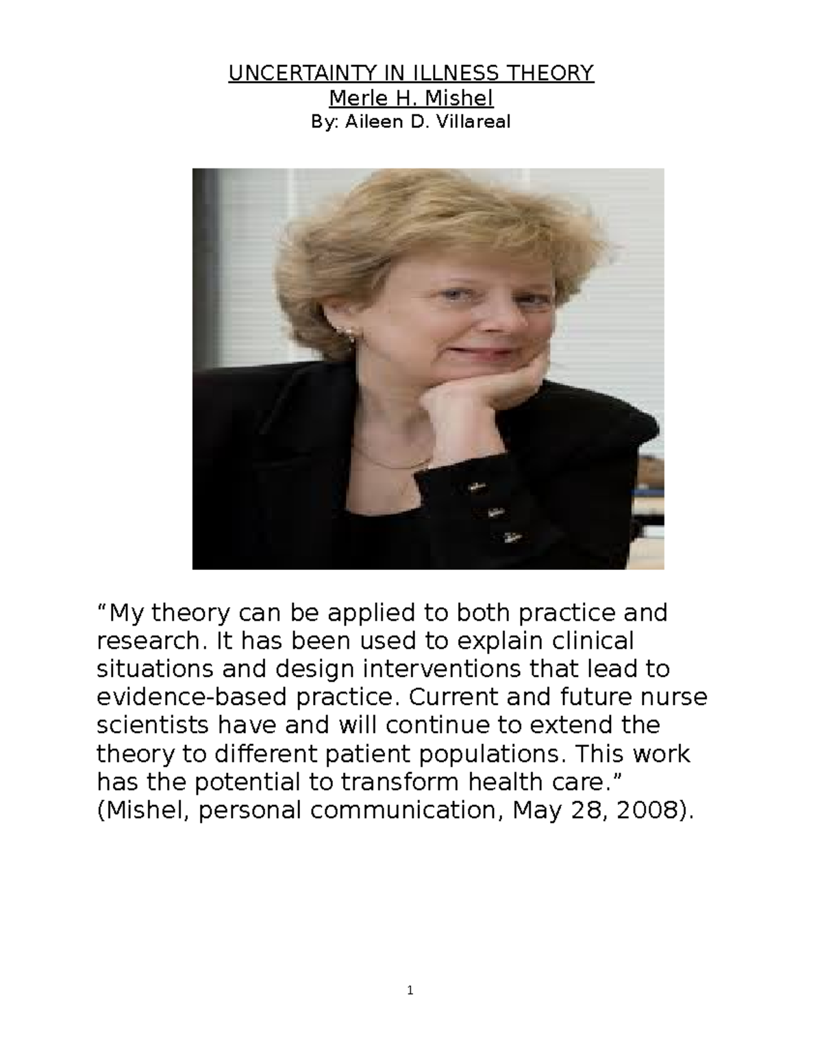 Merle H Mishel Uncertainty in Illness Theory - UNCERTAINTY IN ILLNESS ...