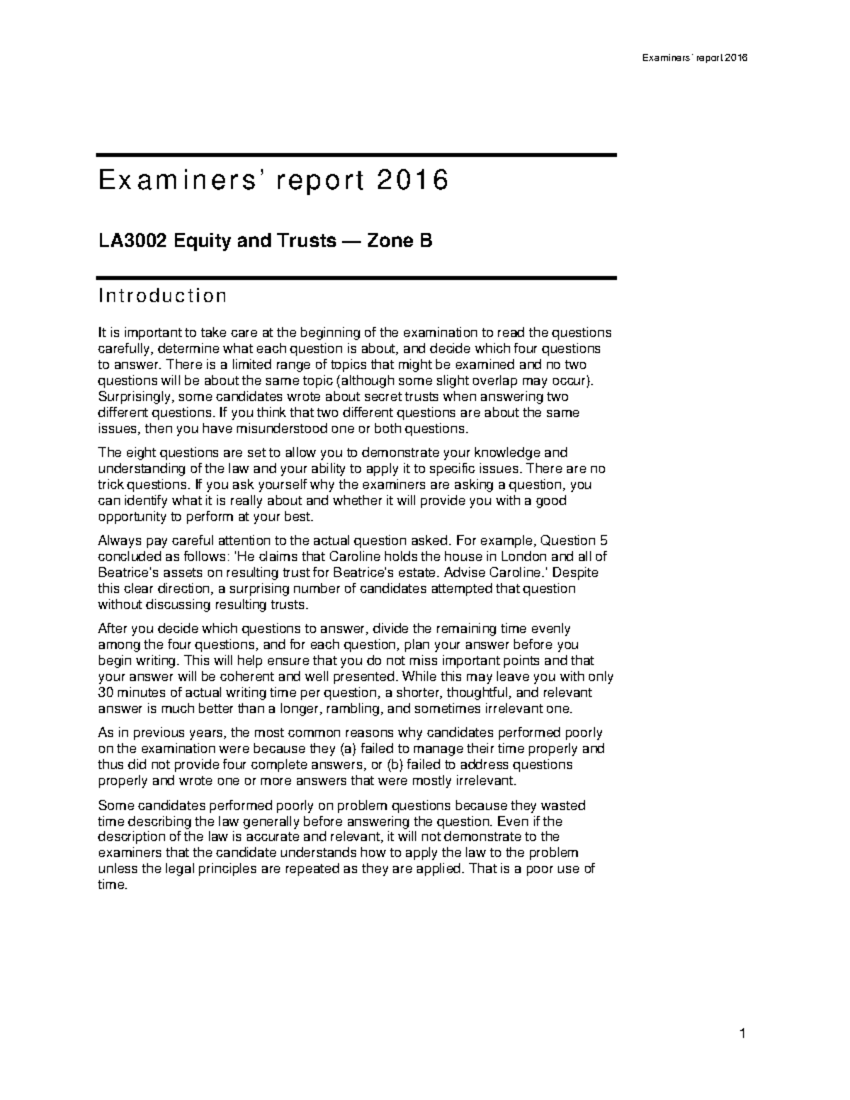 Trusts report 2016 B - trust law - Examiners’ report 2016 Examiners ...