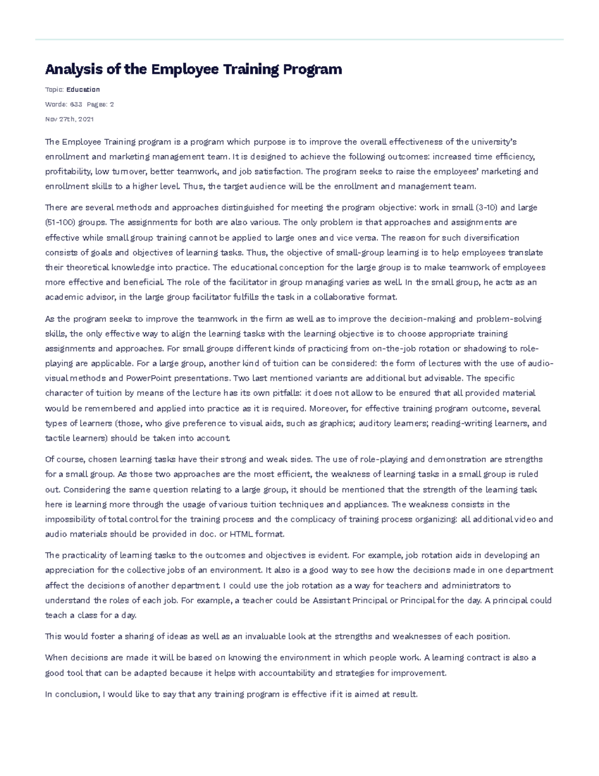 Analysis of the Employee Training Program Free Essay Example - Analysis ...