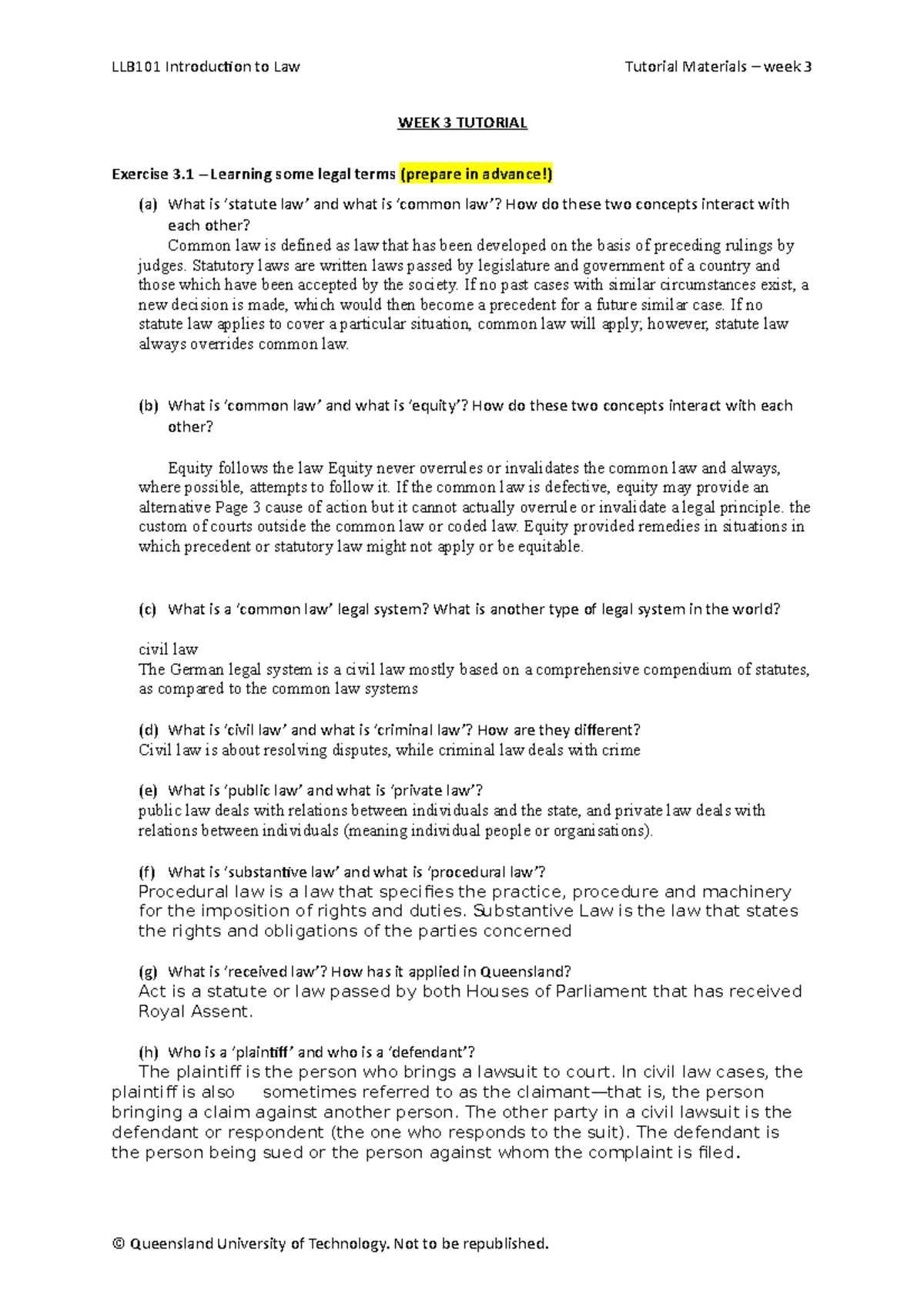 WEEK 3 Tutorial Statute Law and Common Law - LLB101 Introduction to Law Tutorial Materials ...