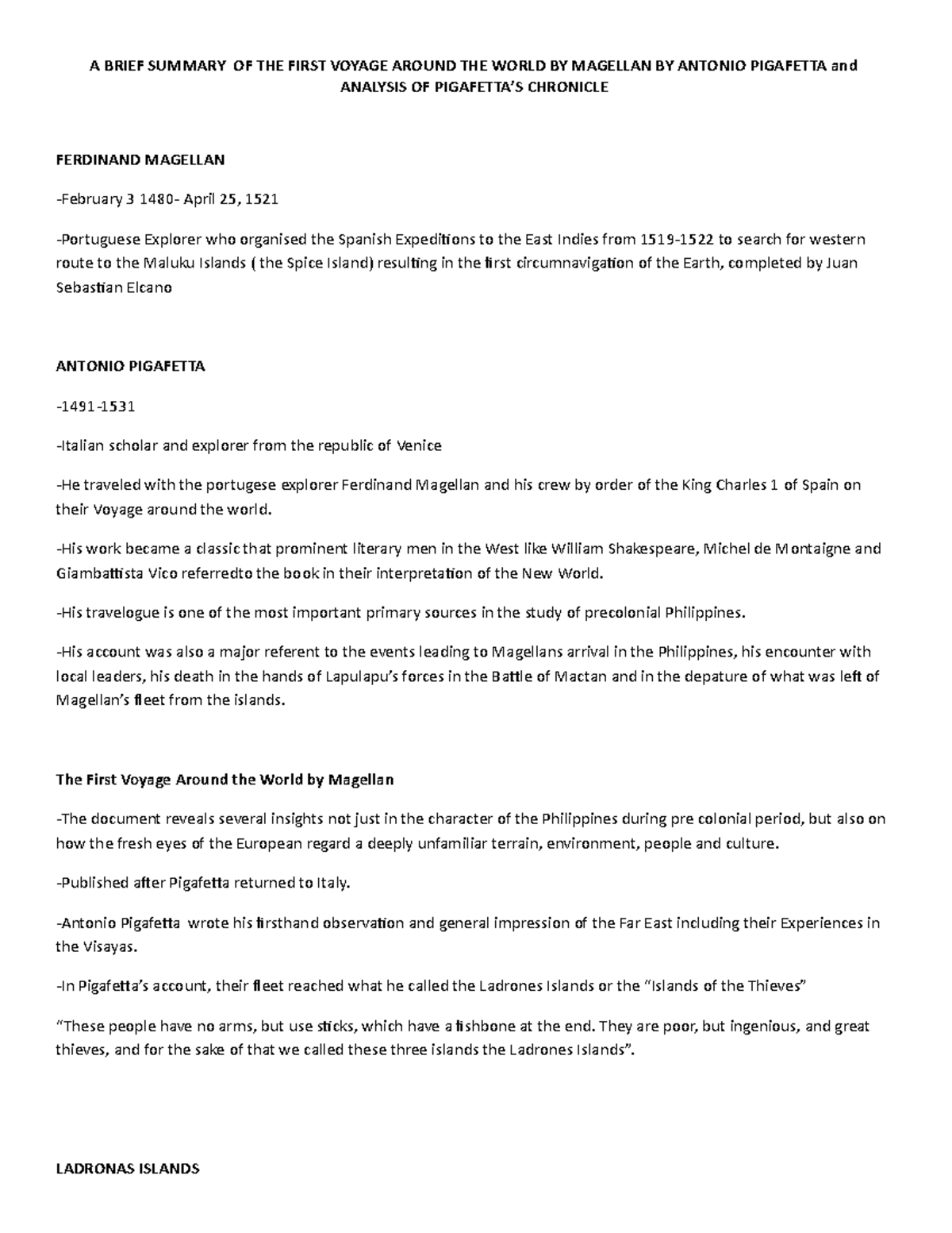 Antonio Pigafetta's The First Voyage Around the World - A BRIEF SUMMARY ...