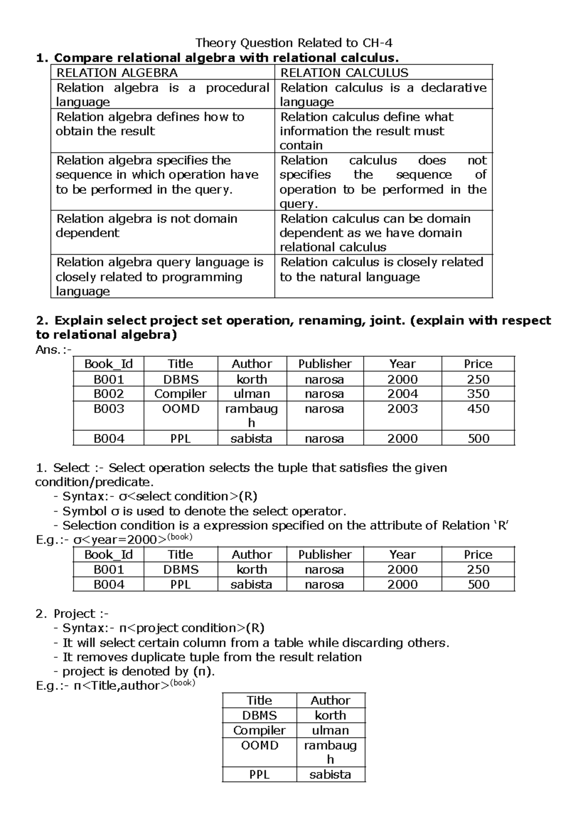 DBMS - n/a - Theory Question Related to CH- Compare relational algebra ...