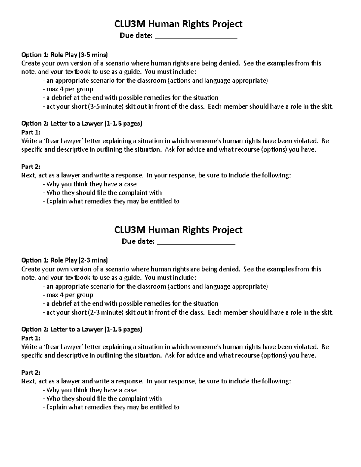 Human Rights Assignment - CLU3M Human Rights Project Due date ...