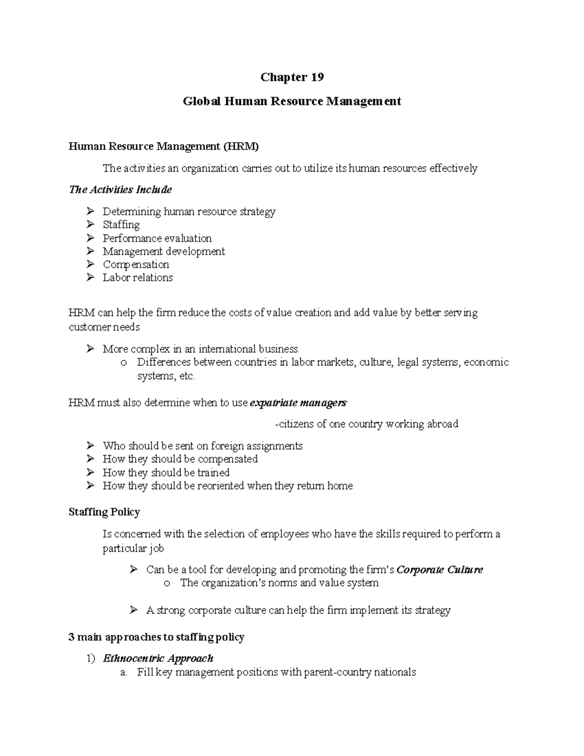 Chapter 19 - Lecture notes 13 - Chapter 19 Global Human Resource ...