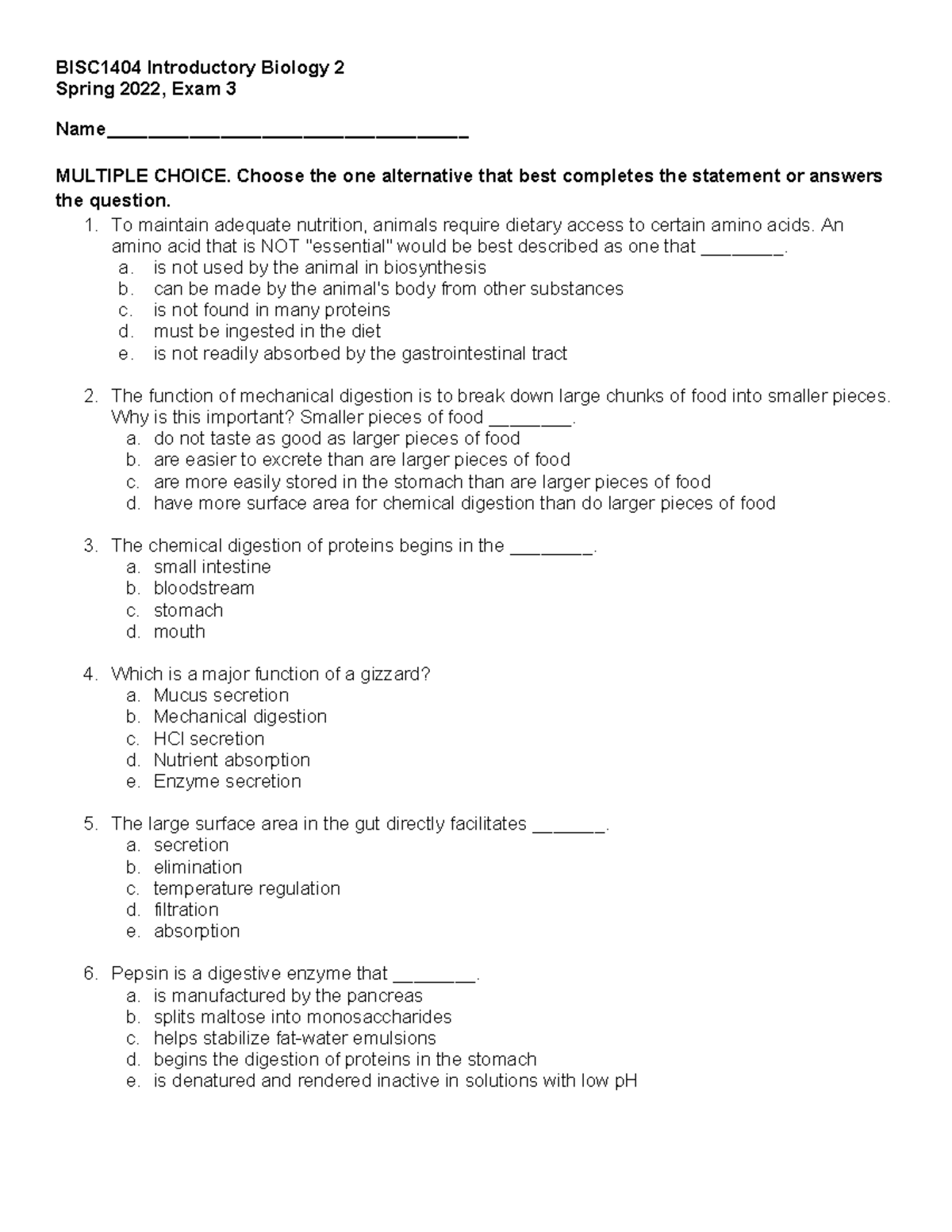 Intro Bio 1404 Exam 3 BE - Past exam - BISC1404 Introductory Biology 2 ...