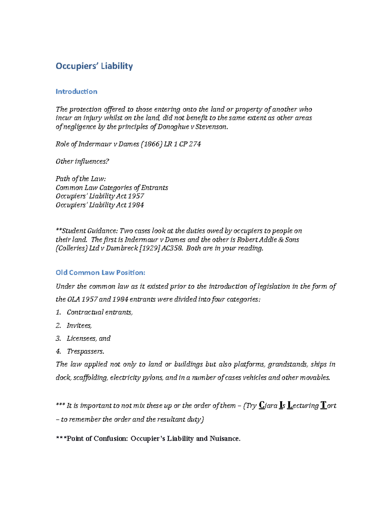 Occupiers’ Liability Handout - Occupiers’ Liability Introduction The ...
