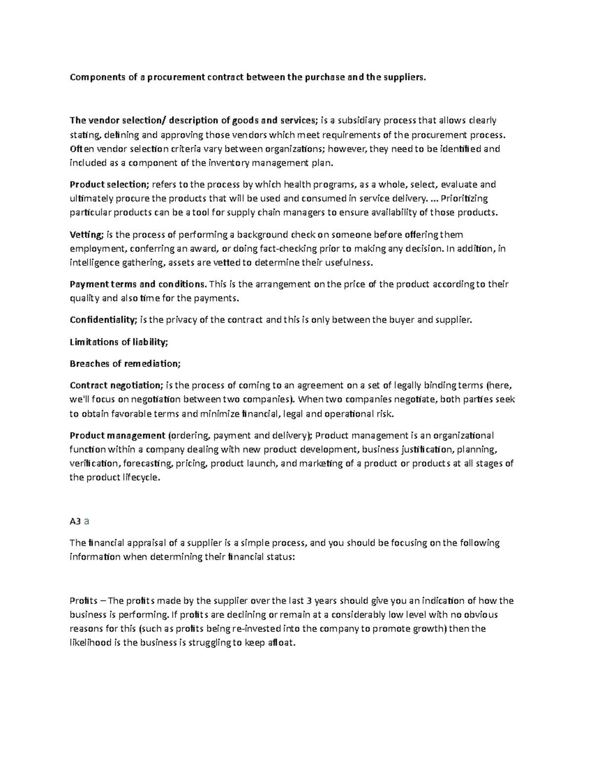 Components of a procurement contract between the purchase and the ...