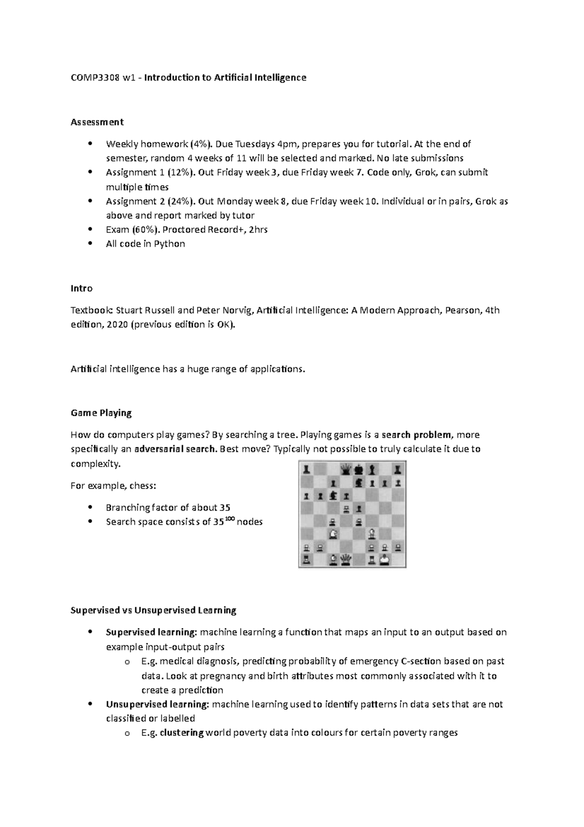 COMP3308 w1 - Due Tuesdays 4pm, prepares you for tutorial. At the end of semester, random 4 ...