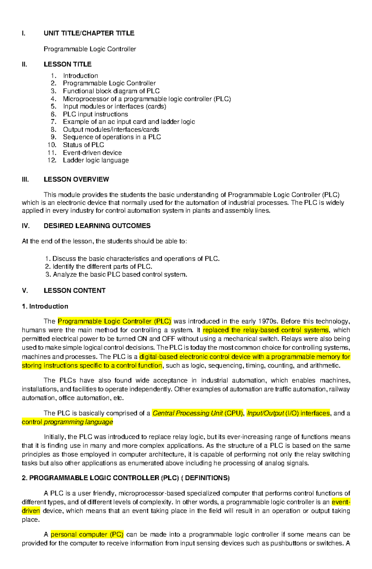 Electronics Systems and Design Lesson 6 - I. UNIT TITLE/CHAPTER TITLE ...
