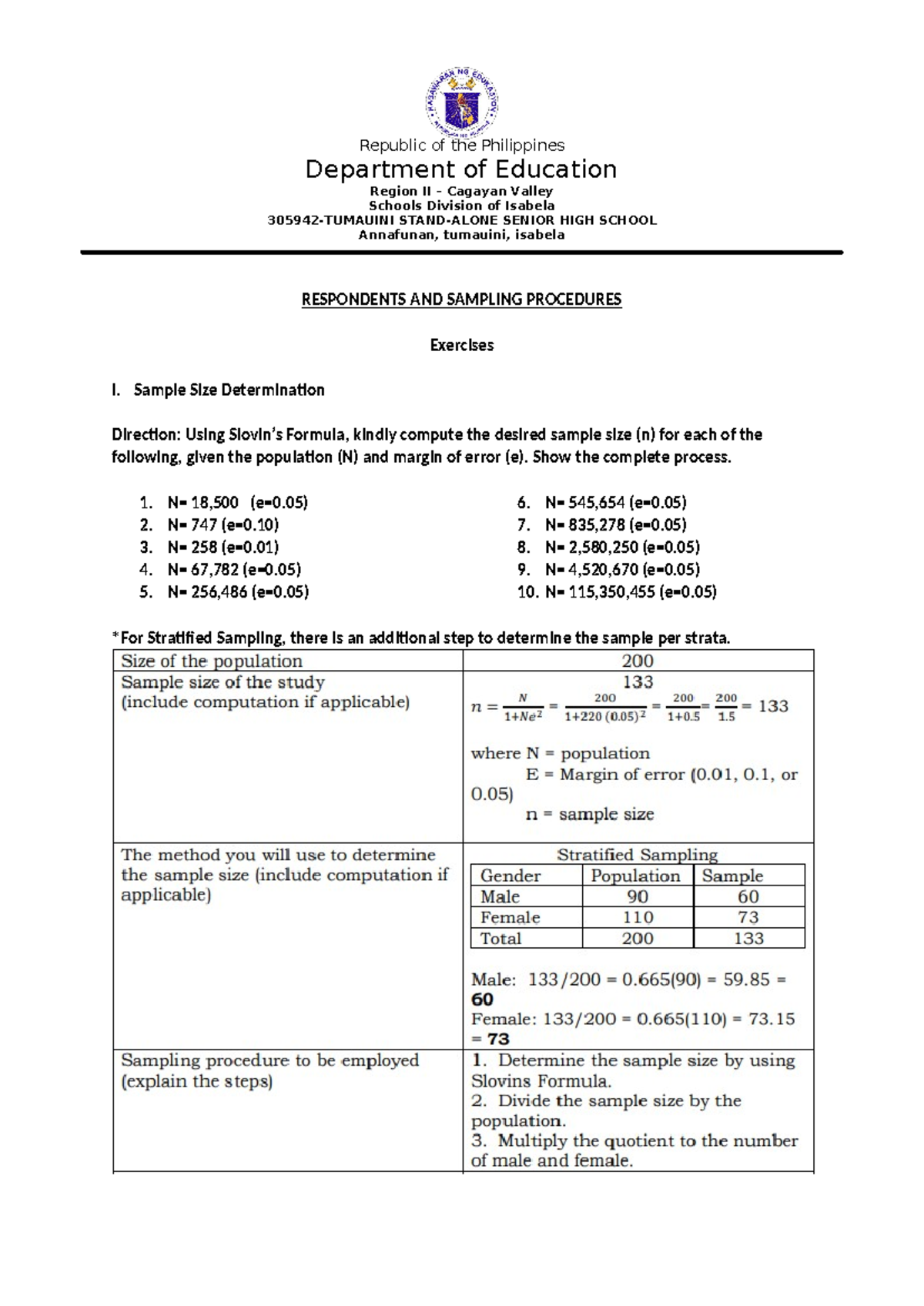 Sampling - Republic of the Philippines Department of Education Region ...