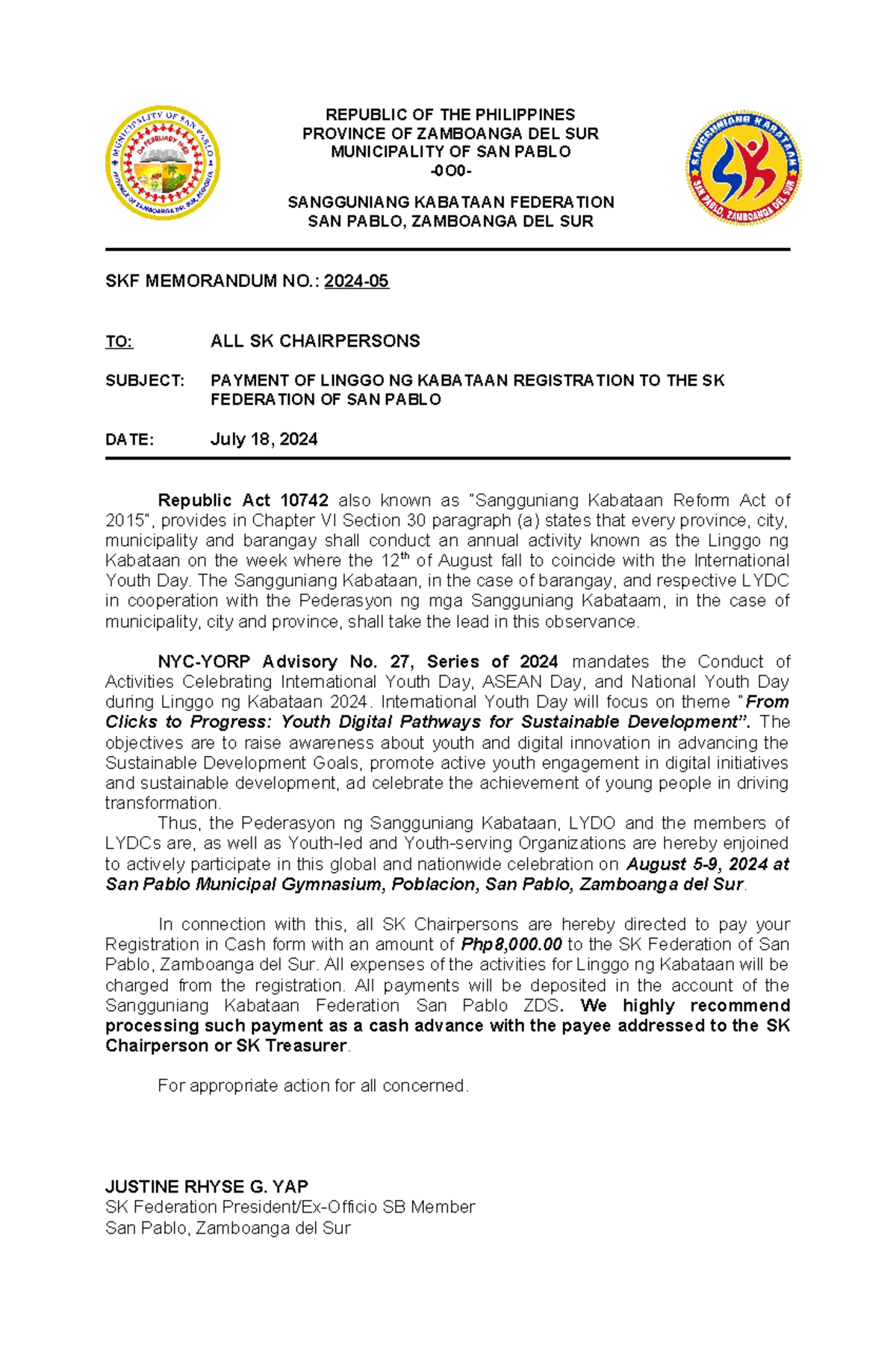 SK-LNK Memo - sample - REPUBLIC OF THE PHILIPPINES PROVINCE OF ...