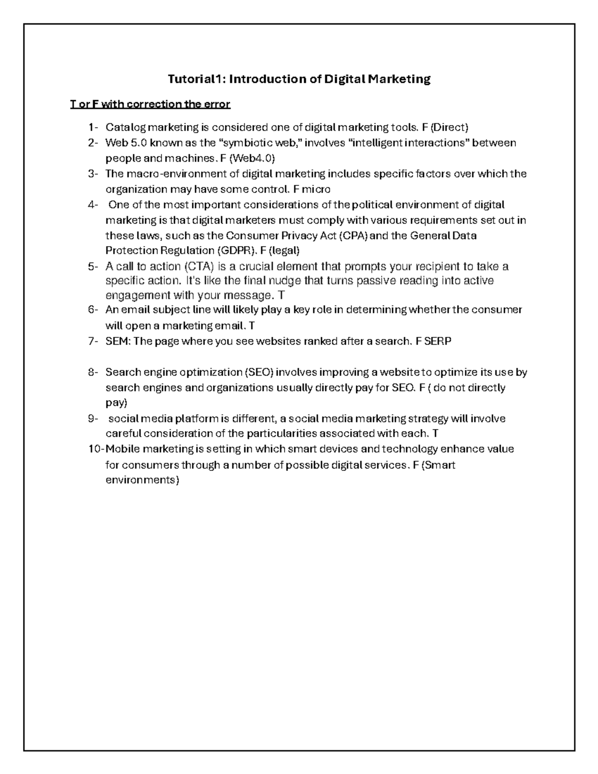 Tutorial 1-DM with ans - assignment - Tutorial1: Introduction of Digital Marketing T or F with ...