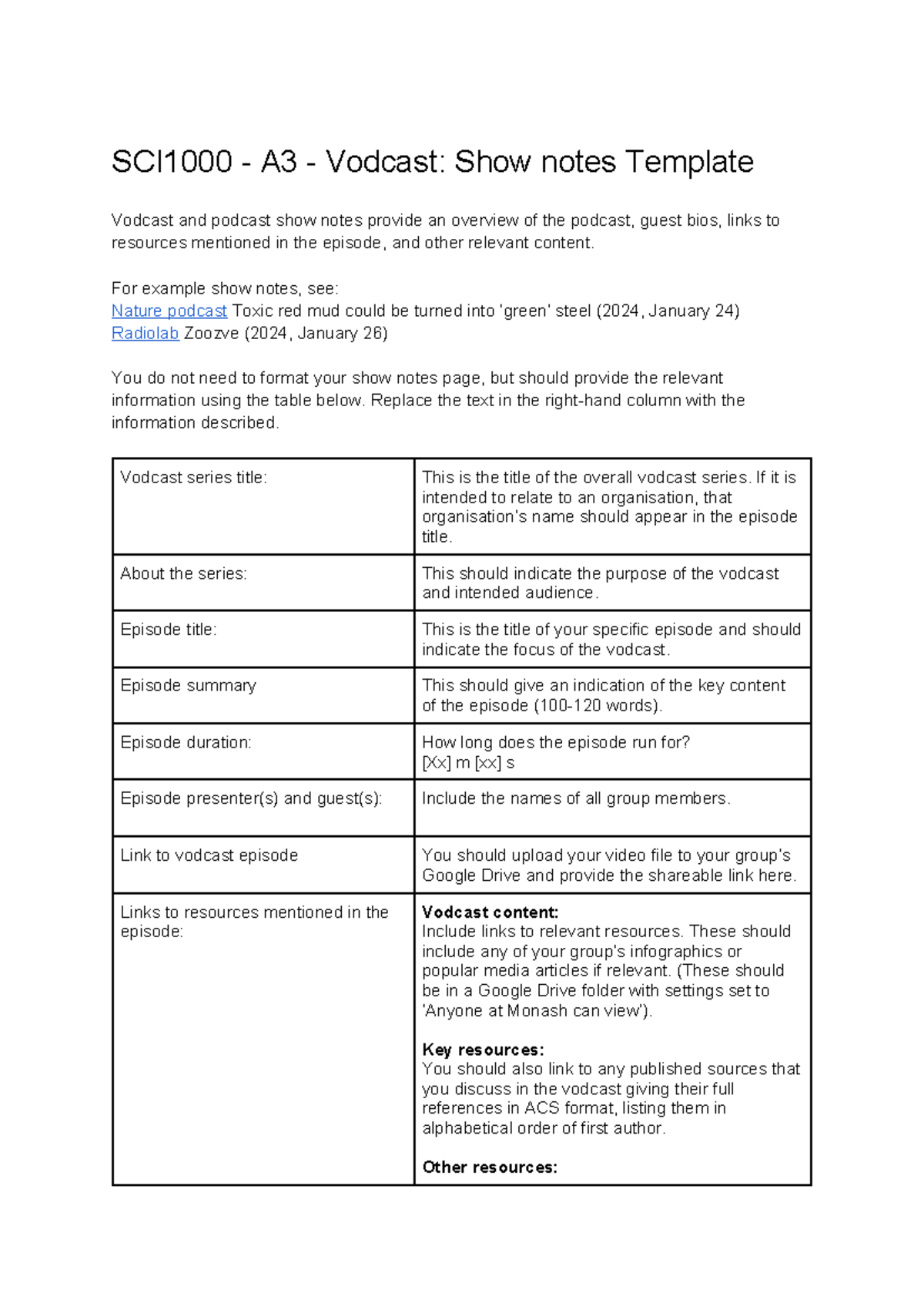 SCI1000 - Vodcast - Show notes Template - SCI1000 - A3 - Vodcast: Show ...
