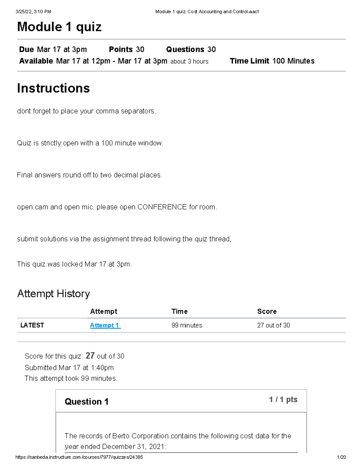 Module 1 - Cost Accounting - Module 1 quiz Due Mar 17 at 3pm Points 30 ...