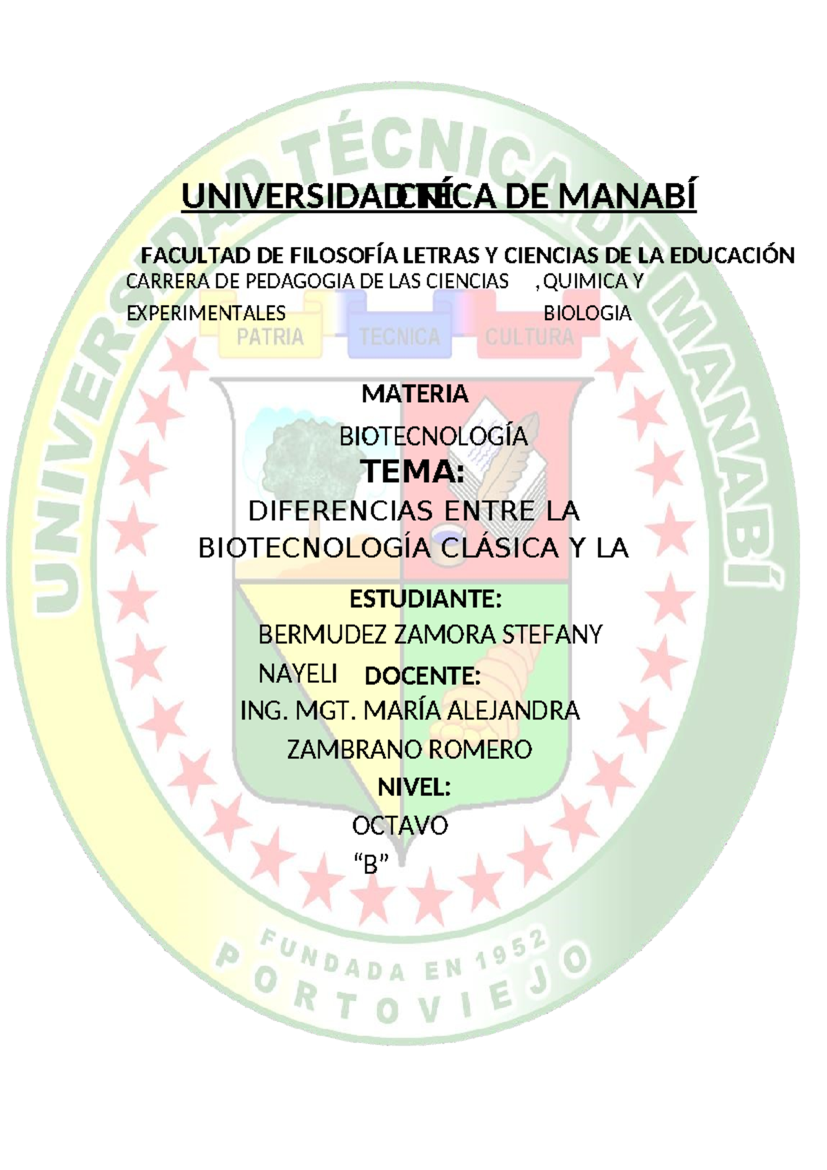 Modelo DE Caratula UTM NAYE - Bases Biologicas De La Psicologia ...