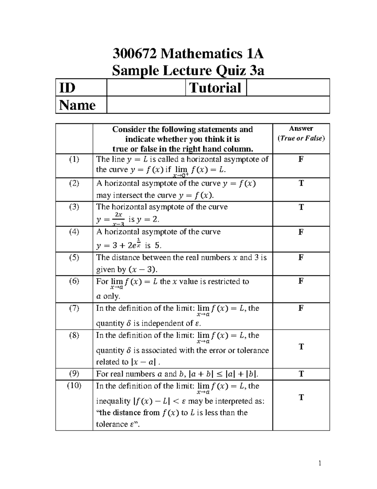 300672 Mathematics 1A Sample Lecture Quiz 3a Answers - 1 300672 ...