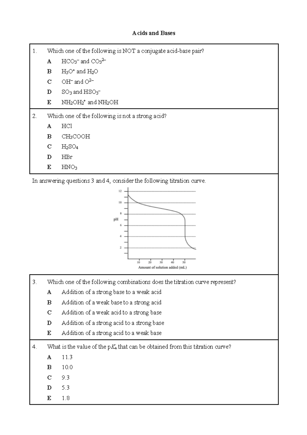 Acids and Bases Short Answer Questions - Acids and Bases Which one of ...