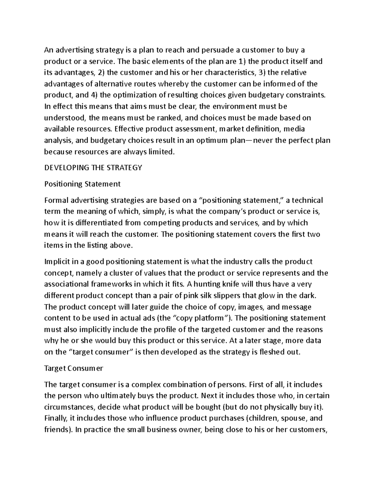 Advertising Strategy The Basic Elements Of The Plan Are 1 The