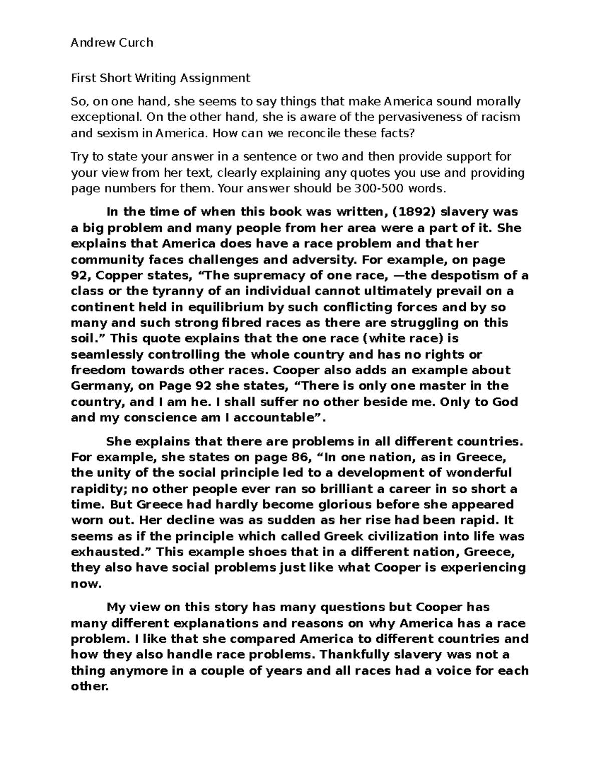 First Writing Assignment Curch, Andrew - Andrew Curch First Short ...