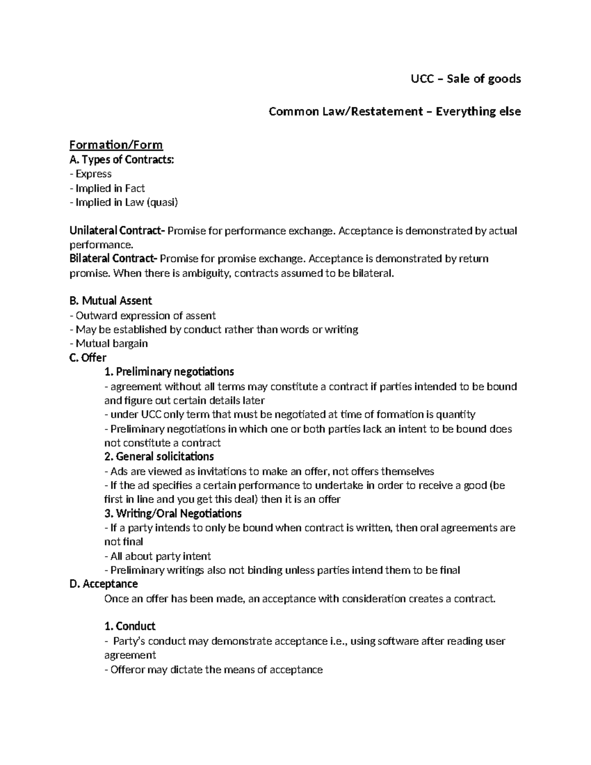 Contracts Outline - UCC – Sale of goods Common Law/Restatement – Everything else Formation/Form ...