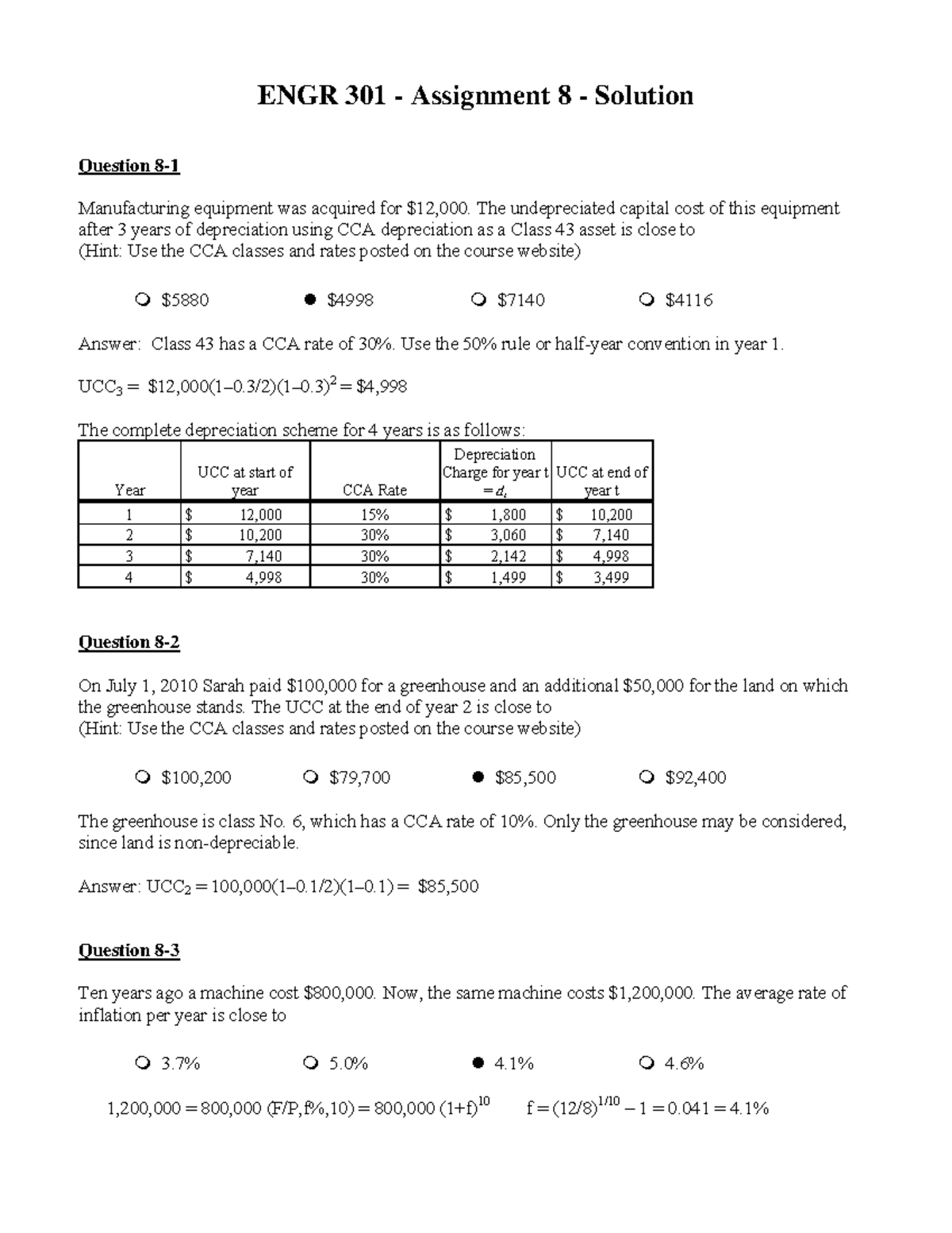 Assign 8soln - ass8 sol - ENGR 301 - Assignment 8 - Solution Question 8- Manufacturing equipment ...