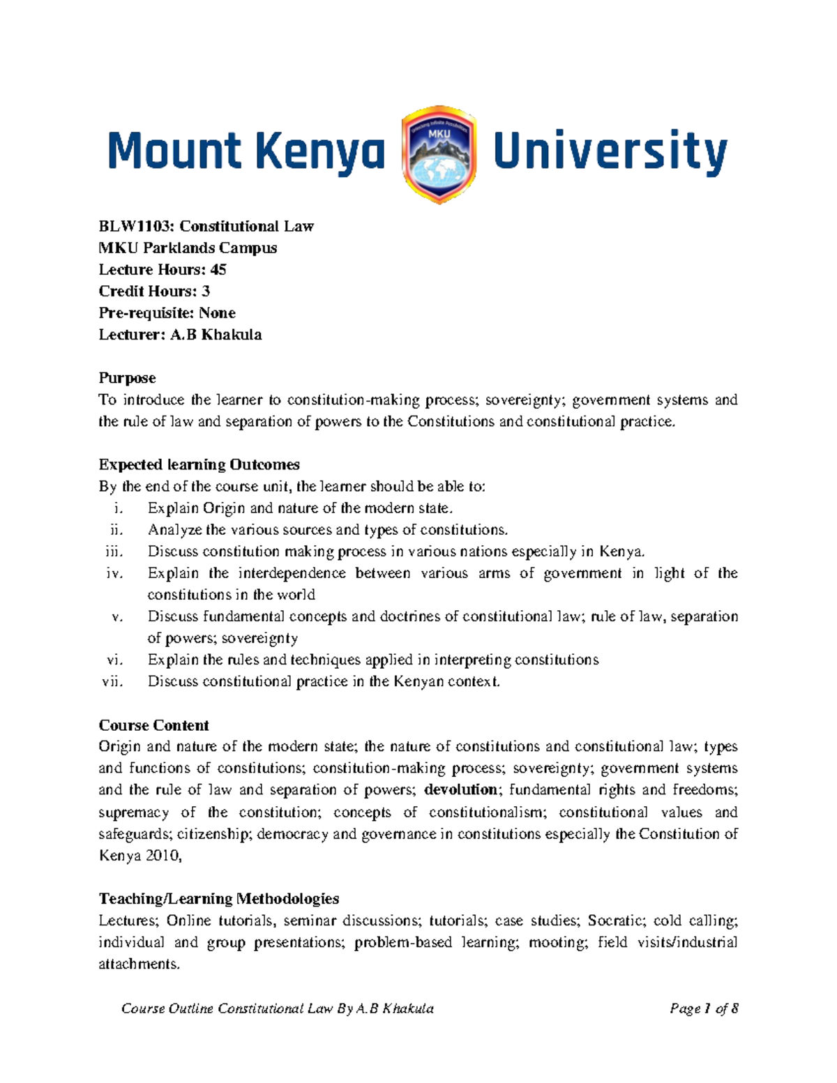 Course Outline May 2020 - BLW1103: Constitutional Law MKU Parklands ...