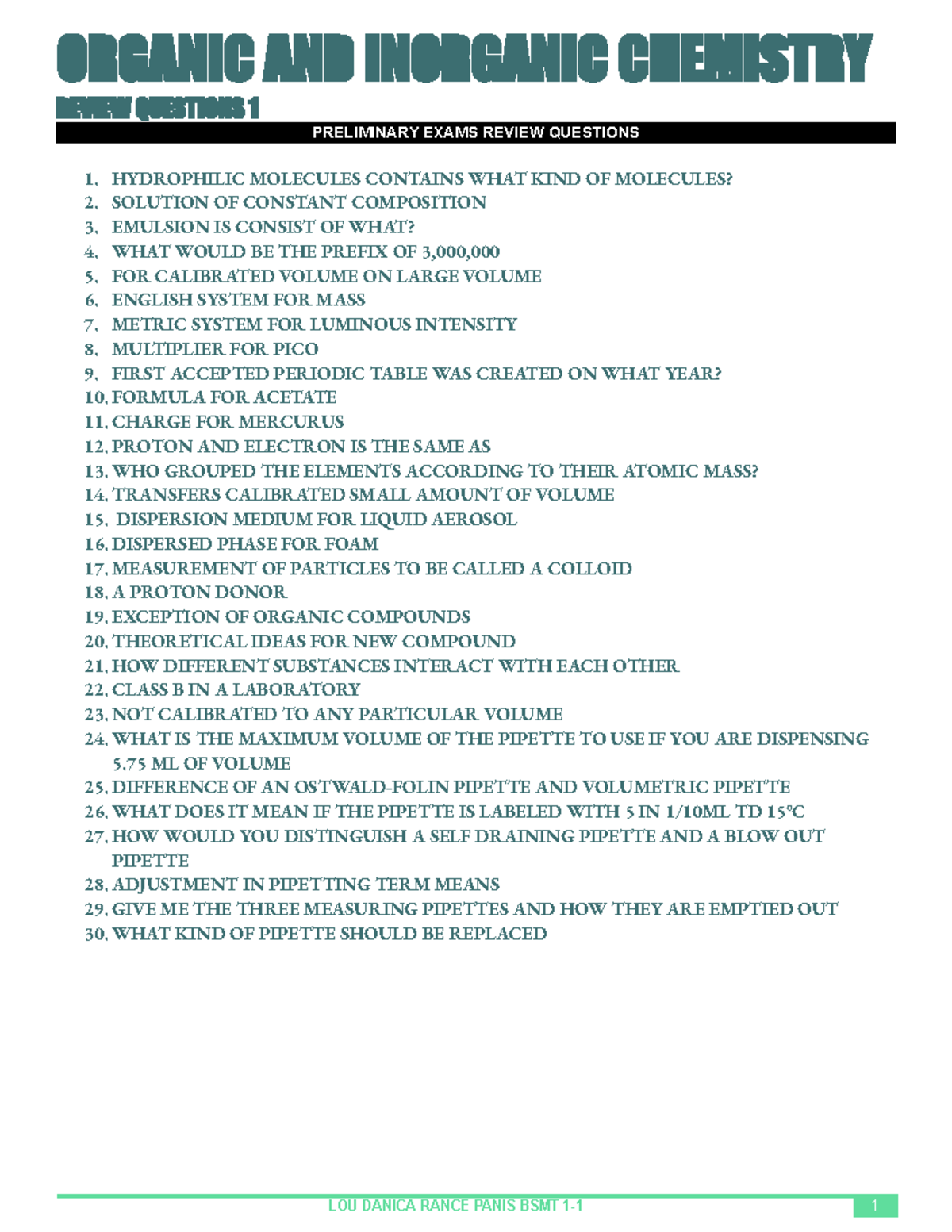 CHEM Review Questions 1 - ORGANIC AND INORGANIC CHEMISTRY REVIEW ...