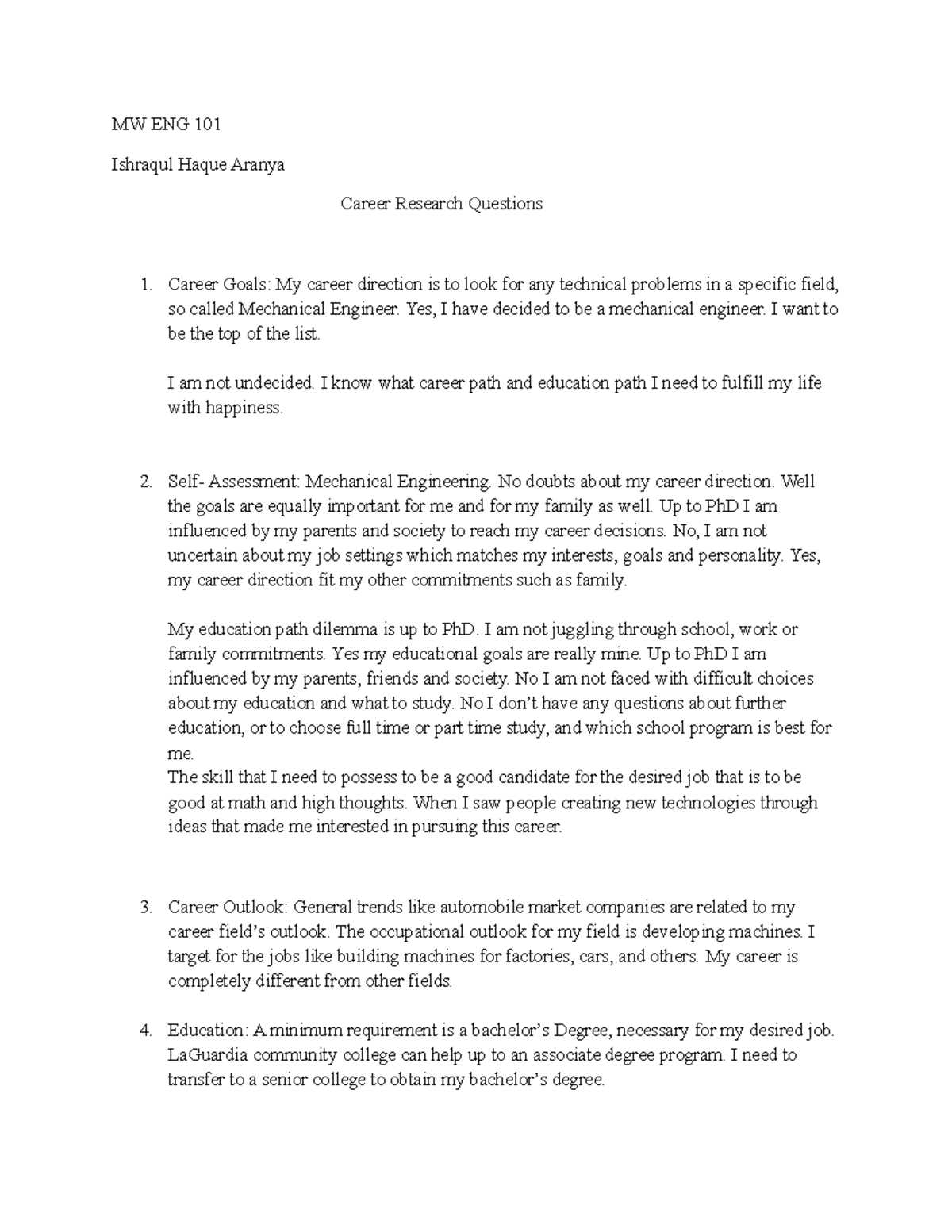 Career Research Questions - MW ENG 101 Ishraqul Haque Aranya Career ...