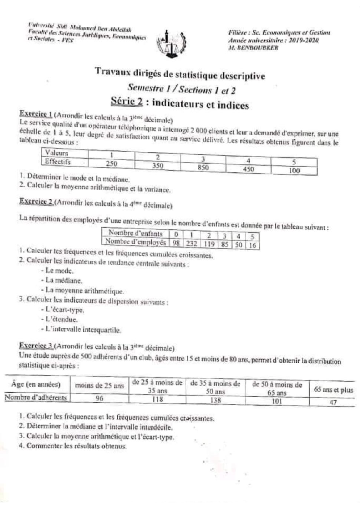 متحاناتs1 statistique - statistique descriptive - Studocu