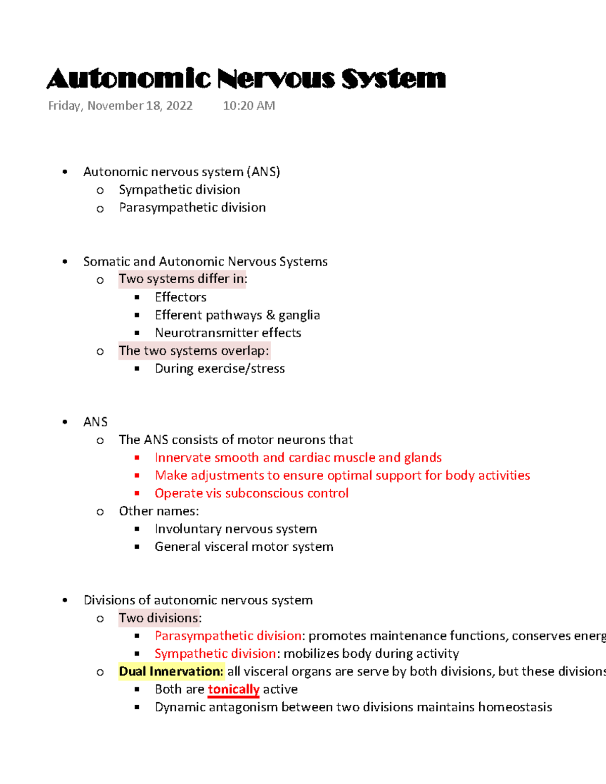 Autonomic Nervous System - Studocu