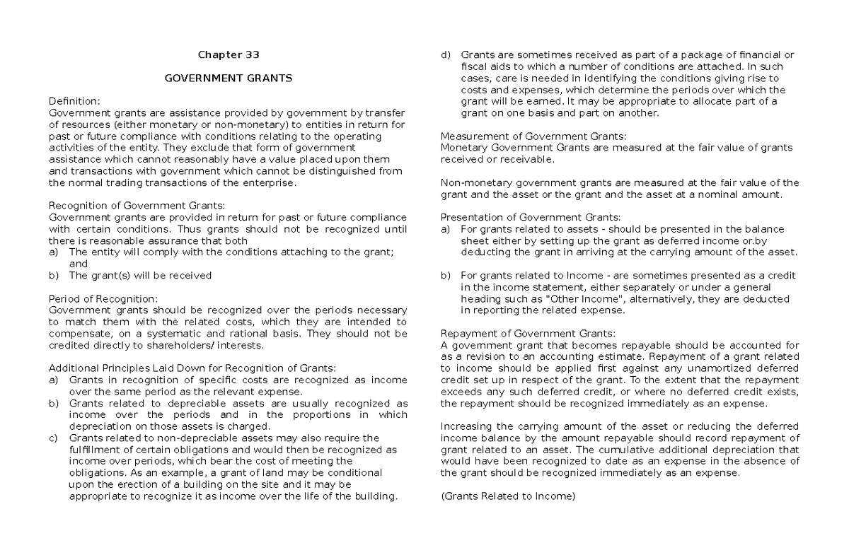Chapter 33 - Chapter 33 d) GOVERNMENT GRANTS Definition: Government ...