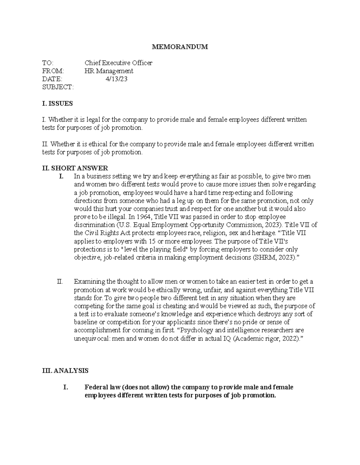 BUS 340 - Topic 6 Memorandum template - MEMORANDUM TO: Chief Executive ...