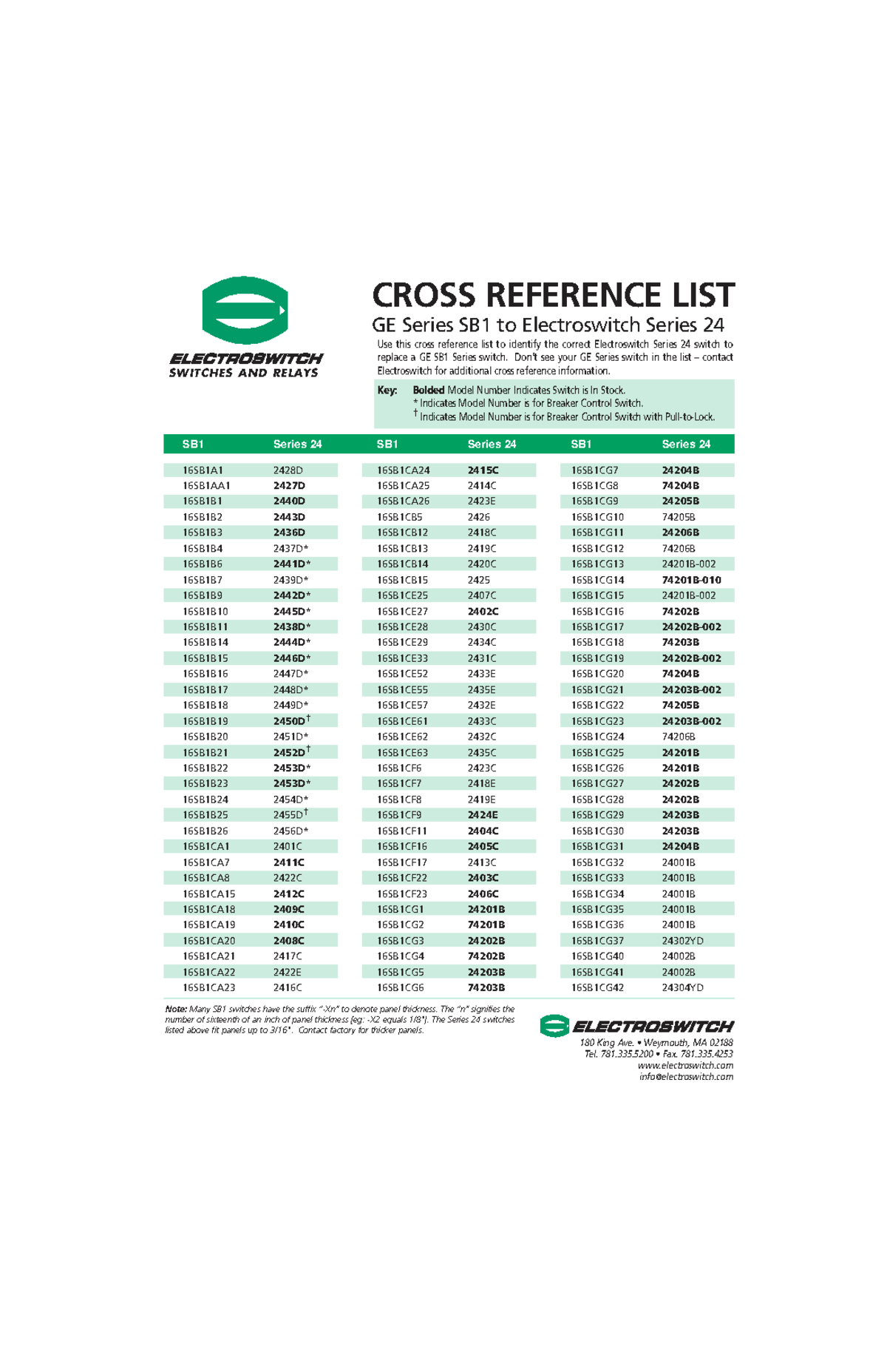 Cross Reference List GE Series SB1 To Electroswitch Series 24 - SB1 ...