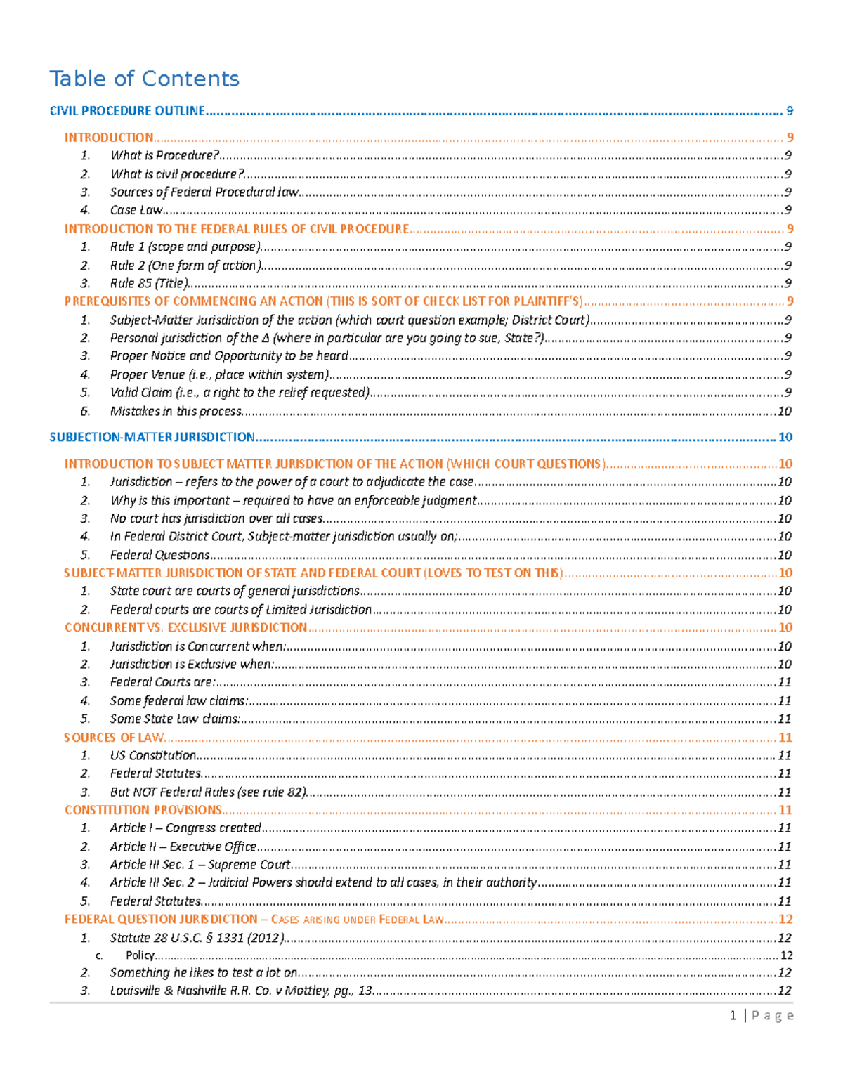 Civil Procedure outline - Shannon - Table of Contents CIVIL PROCEDURE ...