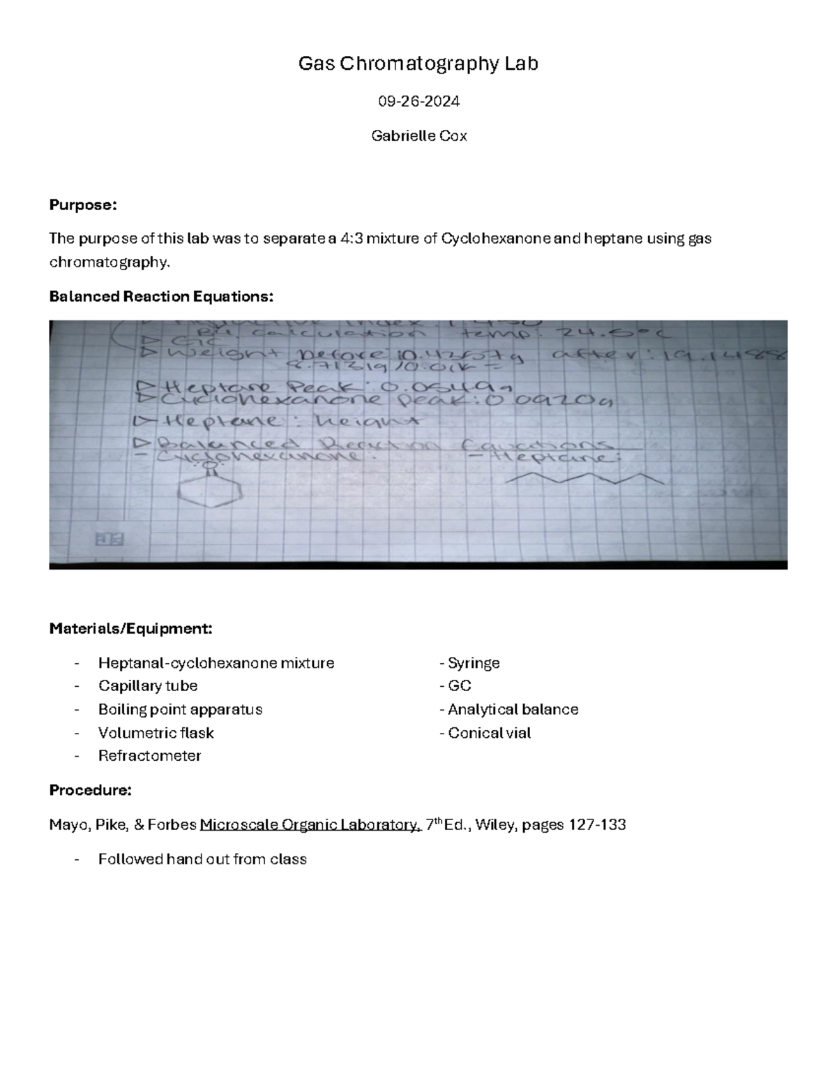 Gas Chromatography Lab - Balanced Reaction Equations: Materials ...