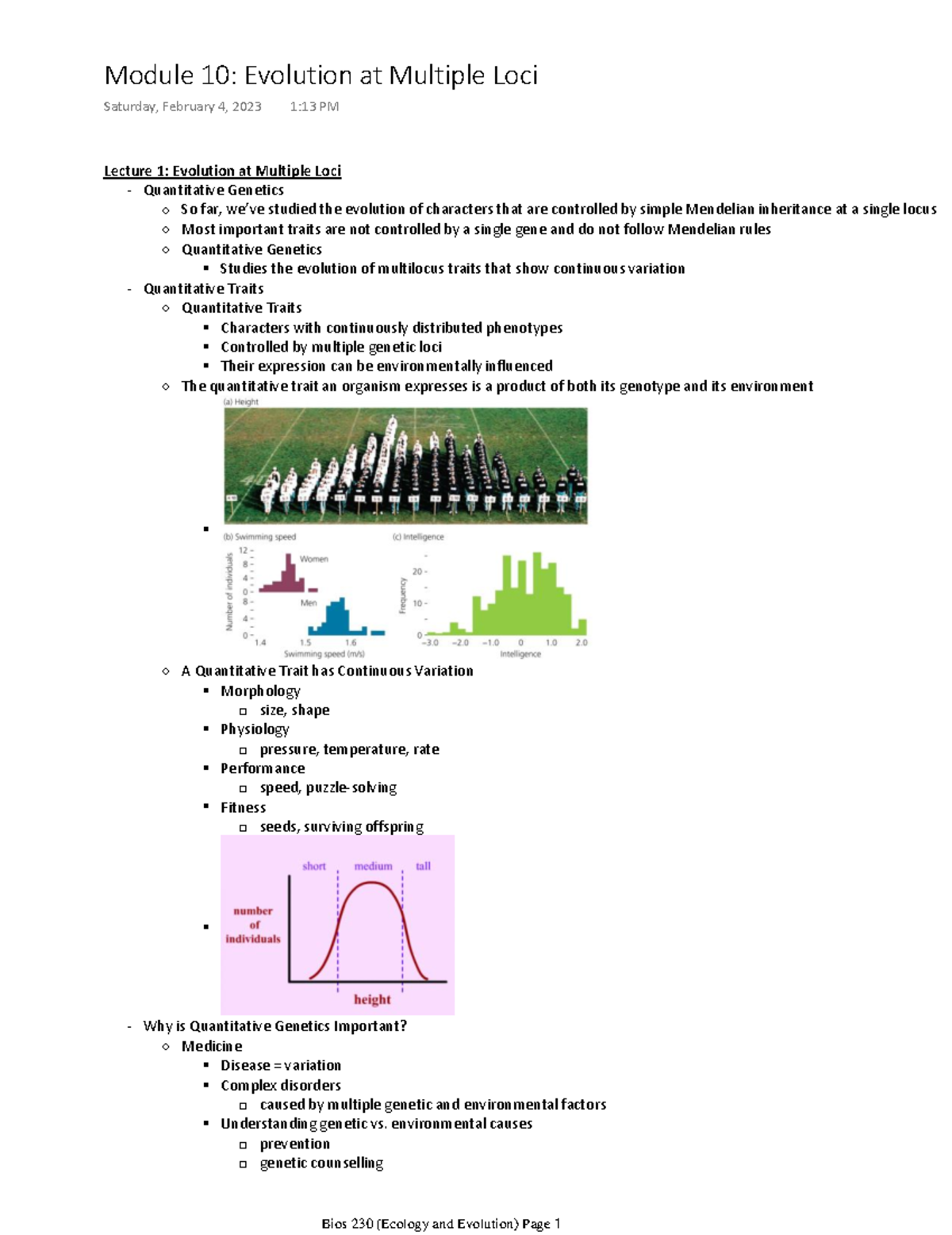 Bios 230 (Ecology and Evolution) Module 10 - Lecture 1: Evolution at Multiple Loci Quantitative ...