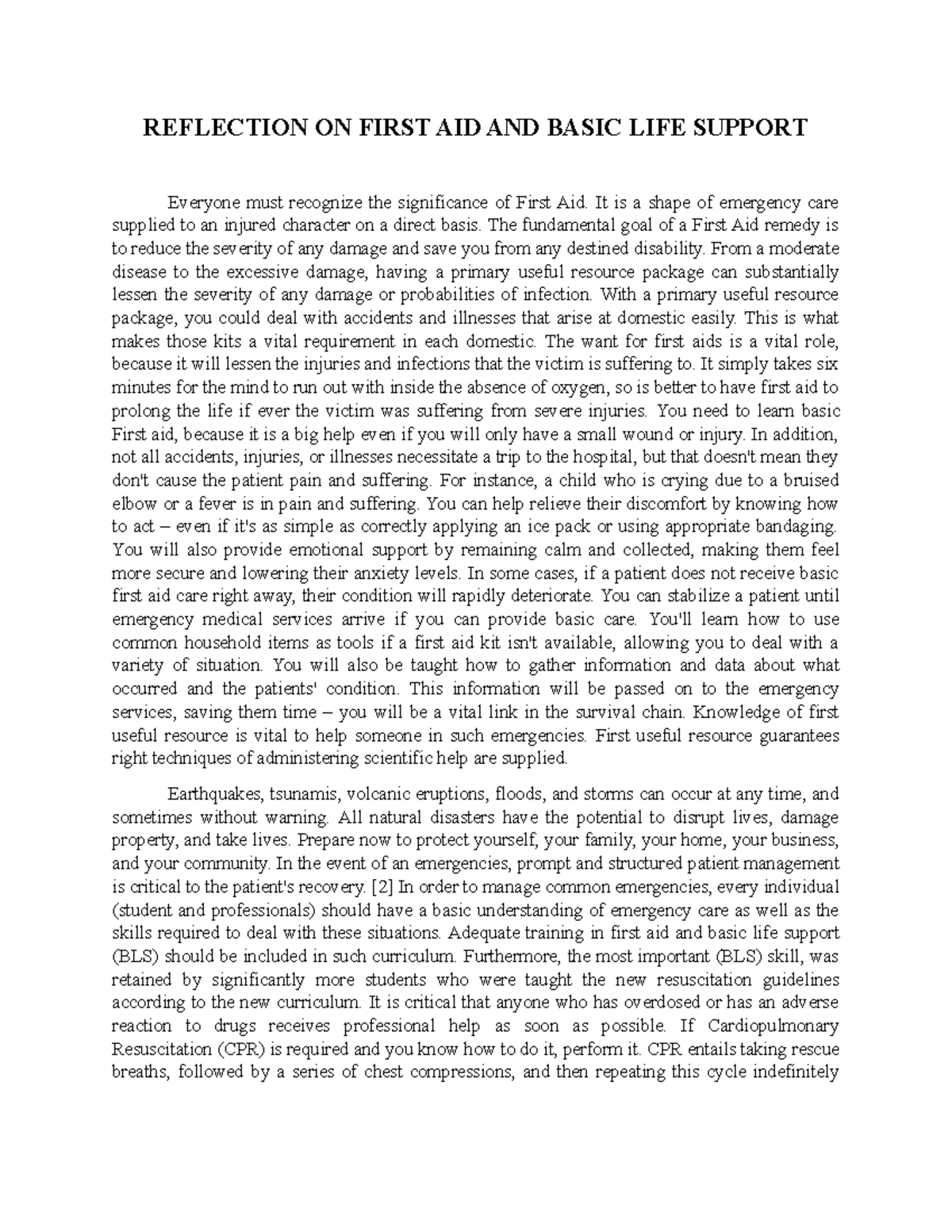 First AID AND Basic LIFE Support ( Reflection)- Davon JAKE H. Carvajal ...