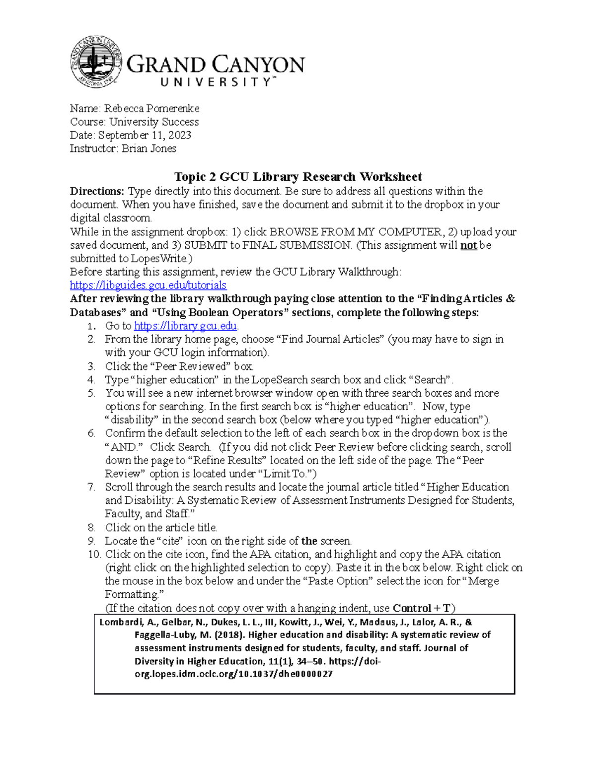 Library research assignment - Name: Rebecca Pomerenke Course ...